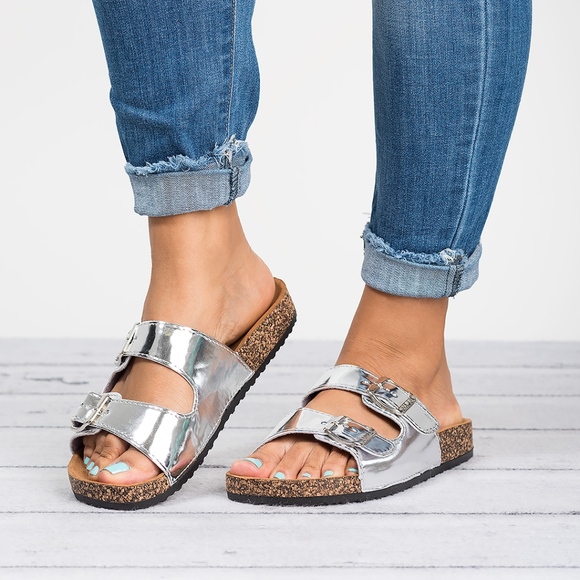 SunnyMia | Shoes | Double Buckle Slide Sandals Metallic Silver | Poshmark